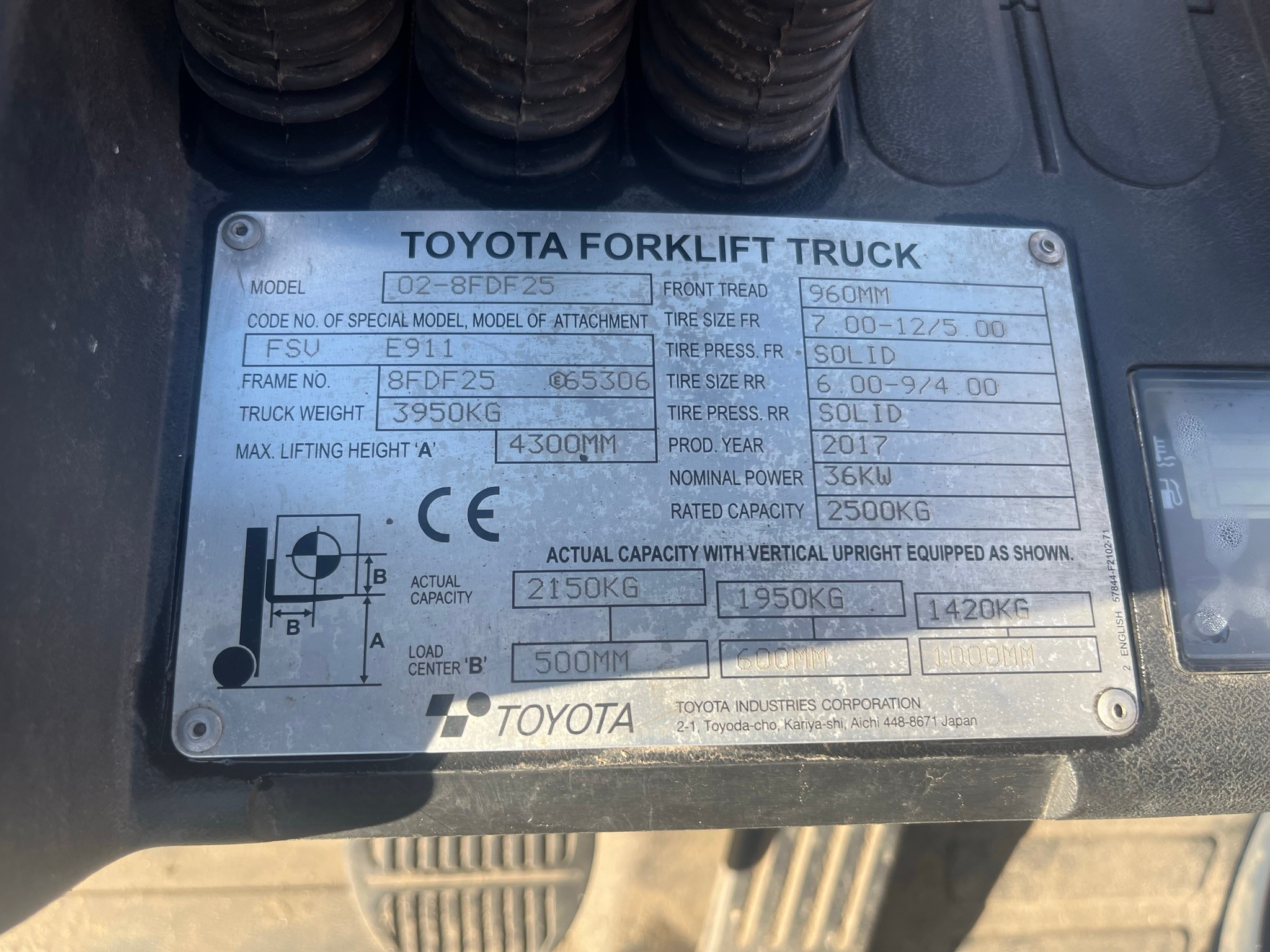 TOYOTA TONERO 25 DIESEL FORKLIFT MODEL 02-8FDF25 YEAR 2017 FRAME NUMBER ...