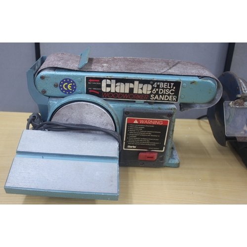 CLARKE WOODWORKER 4" BELT AND 6" DISC SANDER AND BENCH GRINDER