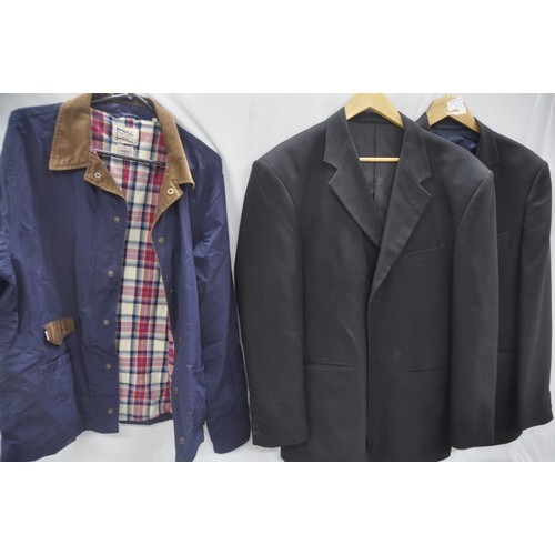 3 JACKETS AND BOX OF HATS