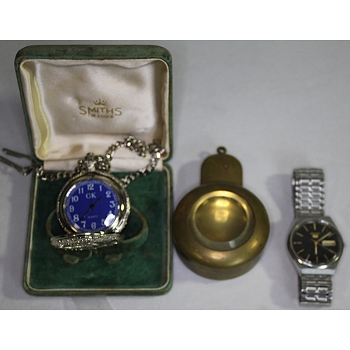 SEIKO DAY/DATE WATCH, POCKET WATCH ON CHAIN AND MINERS BRASS POCKET ...