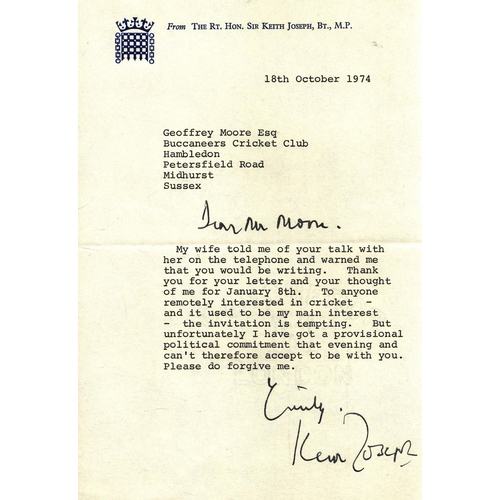 Sir Keith Joseph MP TLS dated on 18th October 1974 on House of Commons ...