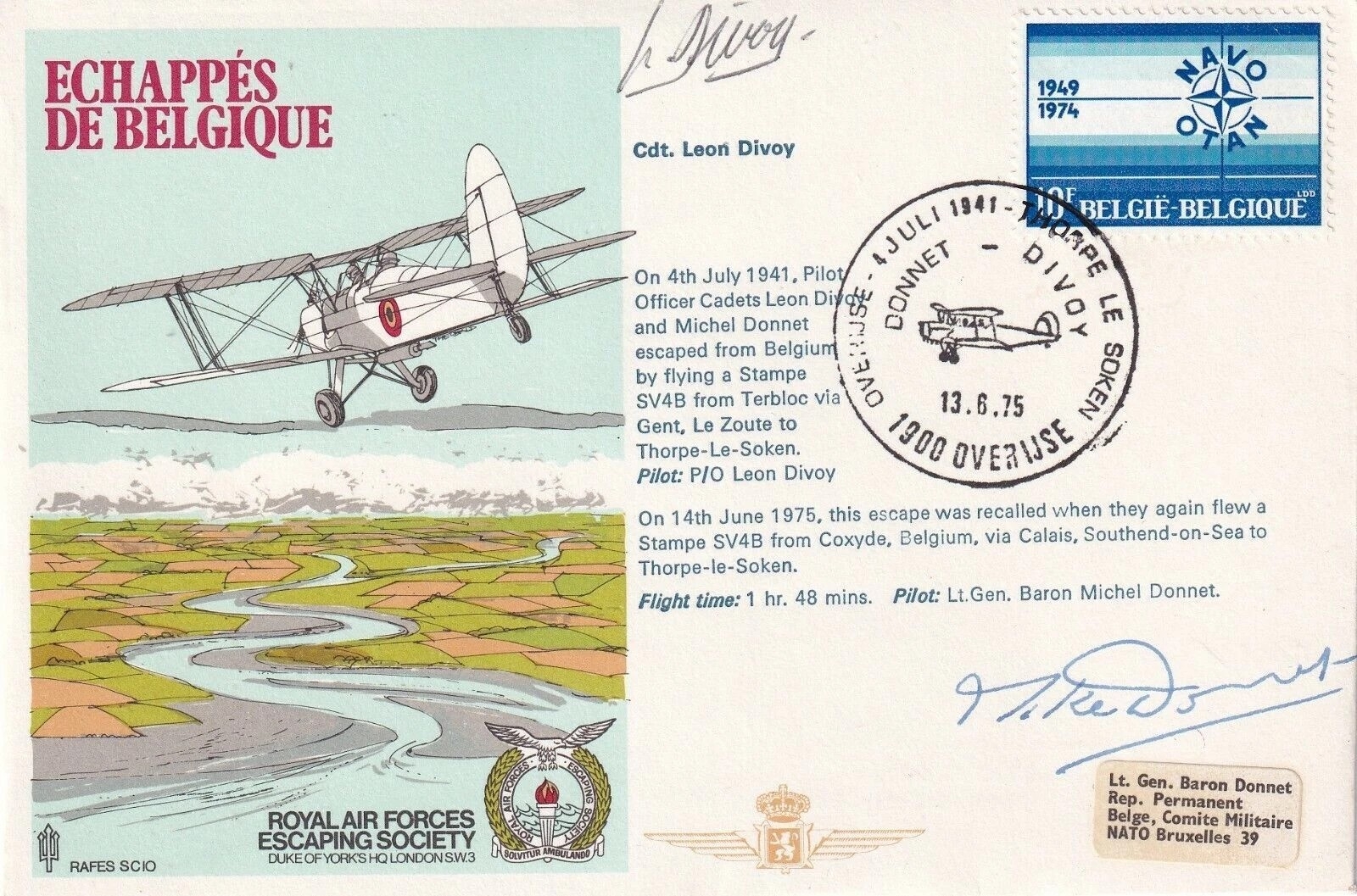 ES10c Escape by Air from Belgium Signed 2 involved L Divoy and M Donnet ...