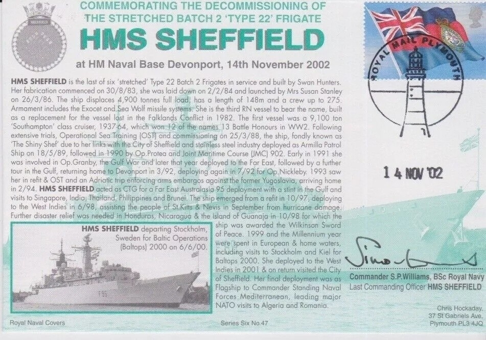HMS Sheffield T23 Frigate CO Cdr S Williams signed official Navy cover ...