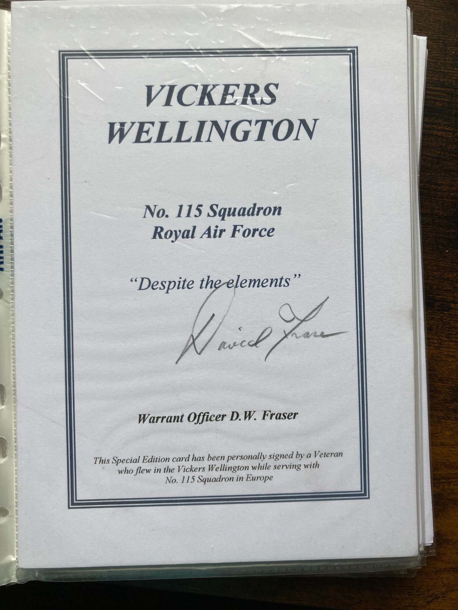 WW2 RAF W/O POW David Fraser 115 sqn signed Vickers Wellington Bomber ...