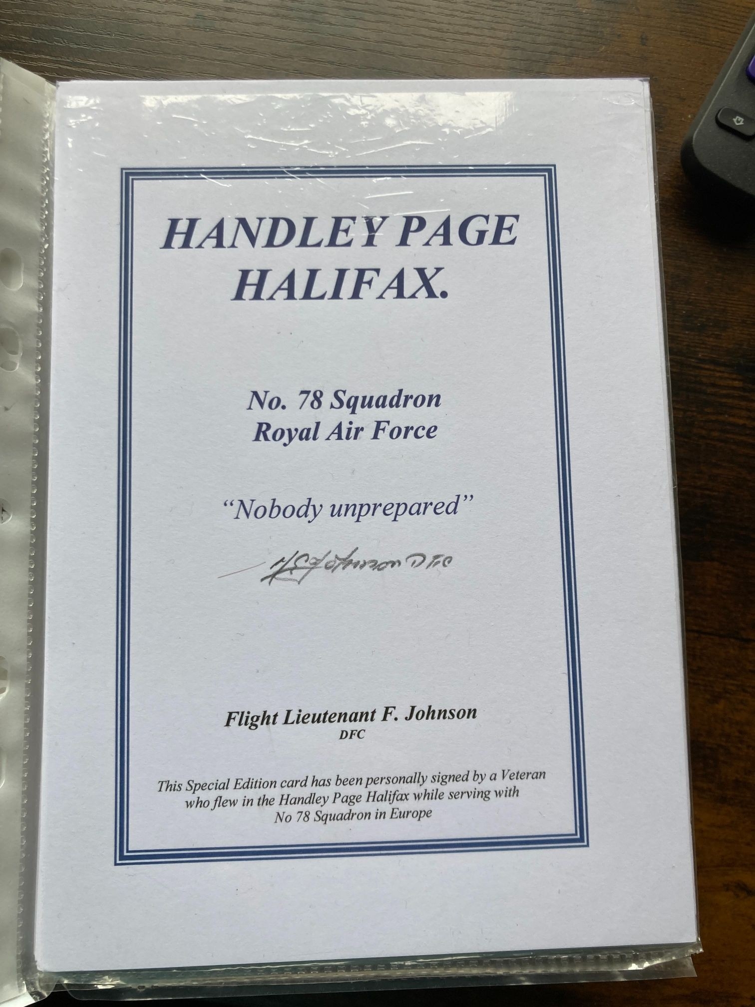 WW2 RAF Flt Lt F Johnson DFC 78 sqn signed Handley Page Halifax Bomber ...