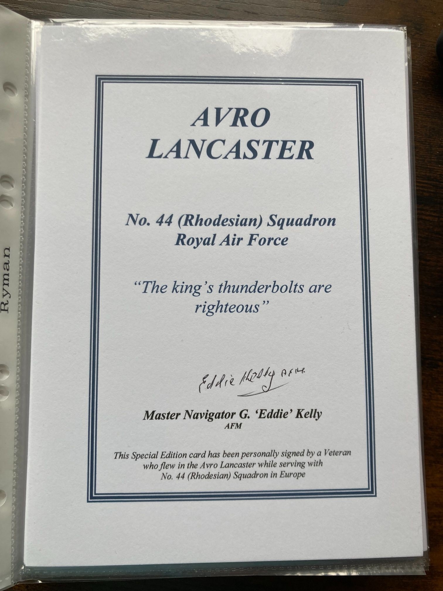 WW2 RAF Master Navigator G Eddie Kelly AFM 44 sqn signed Avro Lancaster ...