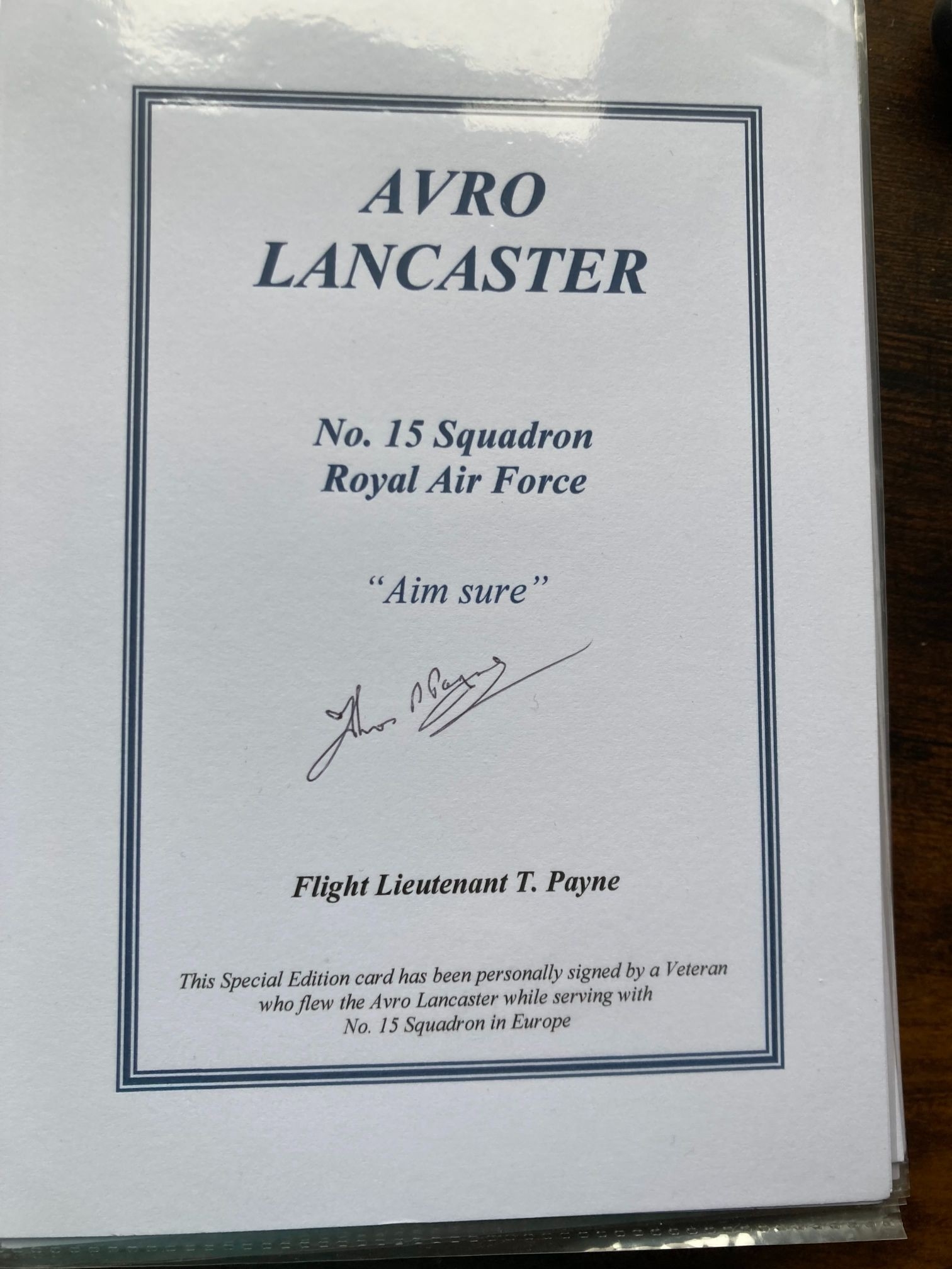 WW2 RAF Flt Lt T Payne 15 sqn signed Avro Lancaster Bomber Bookplate. 7 ...