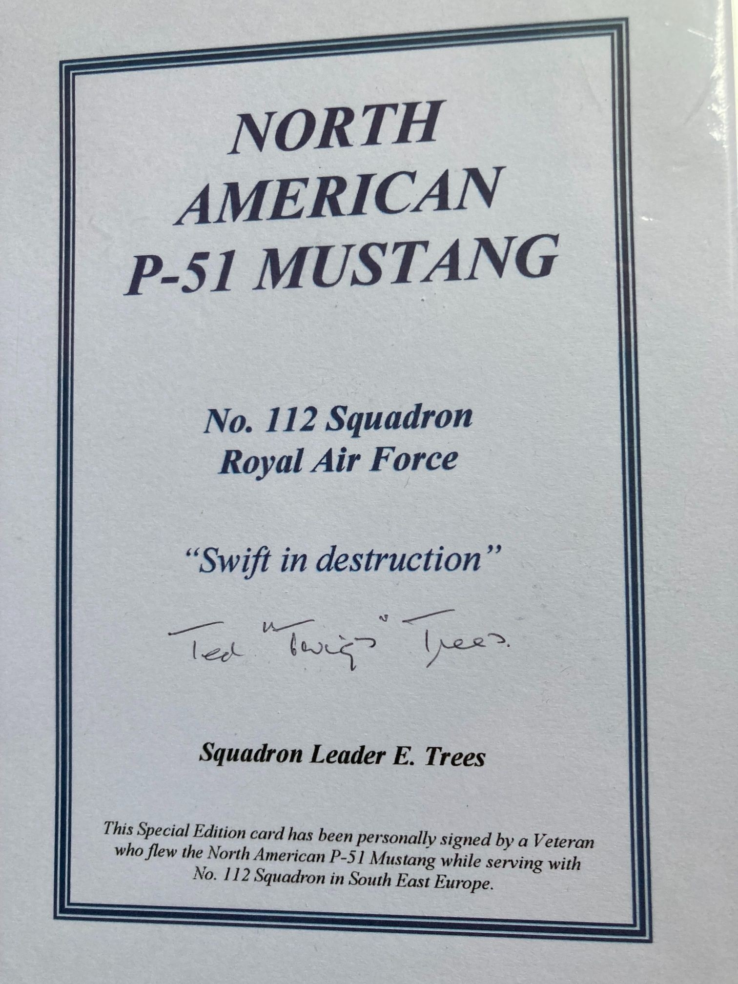 WW2 RAF Sqn Ldr E Twigs Tree 112 sqn signed North American P51 Mustang ...
