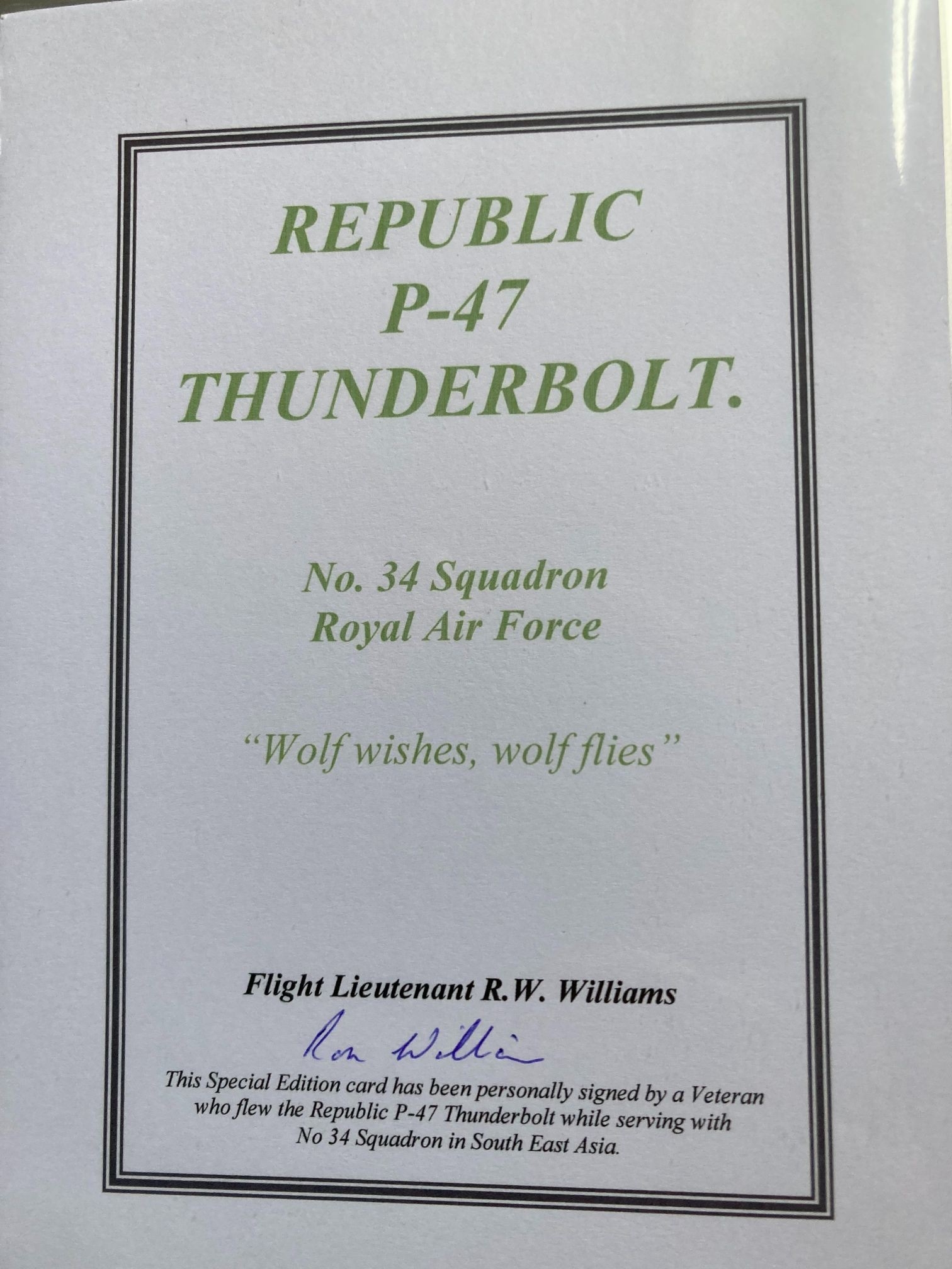 WW2 RAF Flt Lt R W Williams 34 sqn SE Asia signed Republic P47 ...