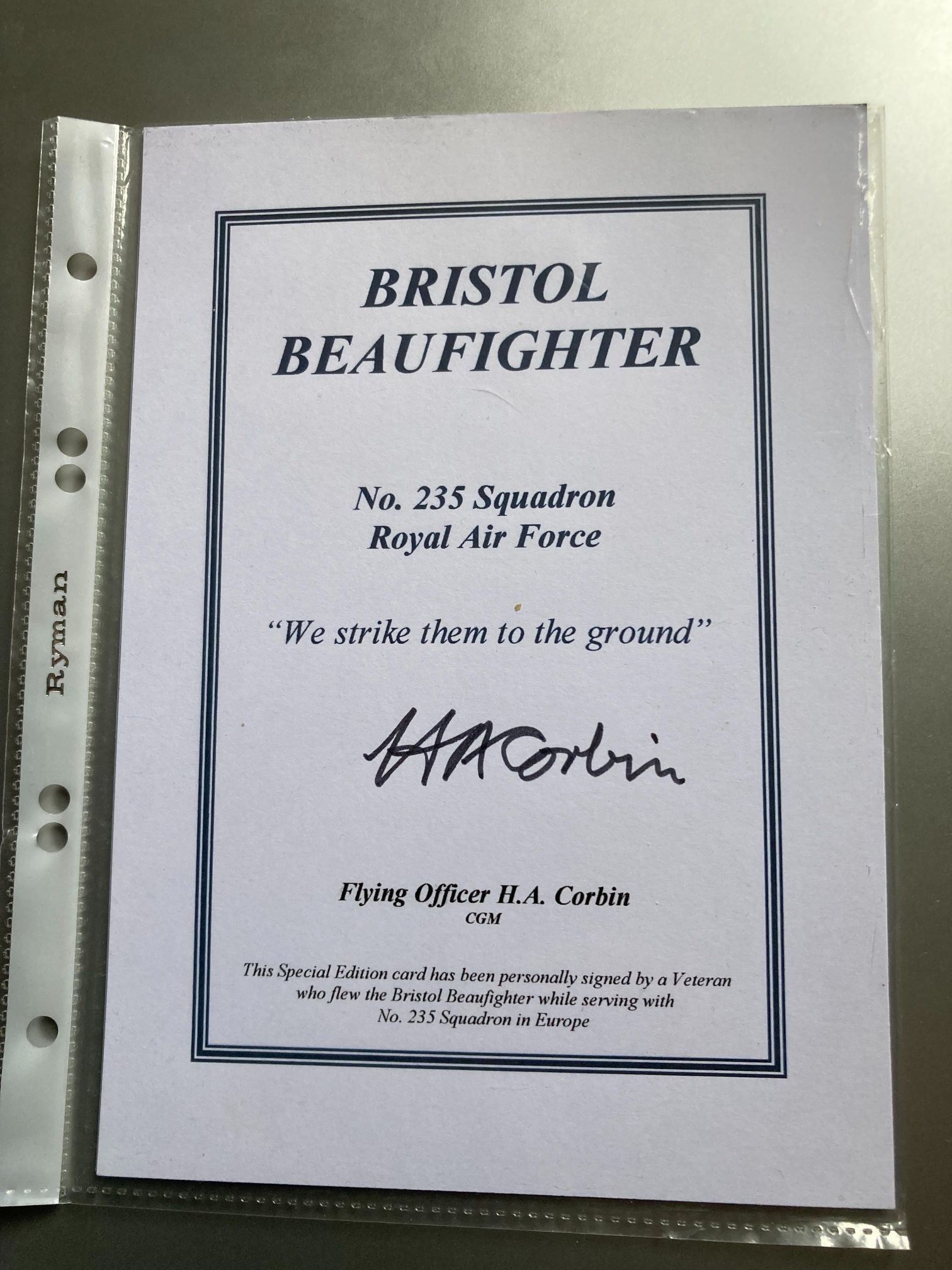 WW2 RAF F/O H A Corbin CGM 235 sqn signed Bristol Beaufighter Bookplate ...