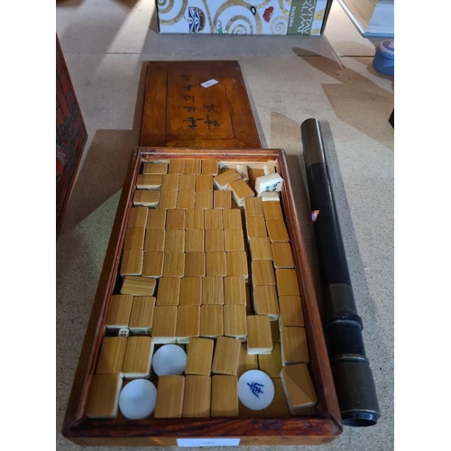 Bone and Bamboo mahjong set in hardwood box