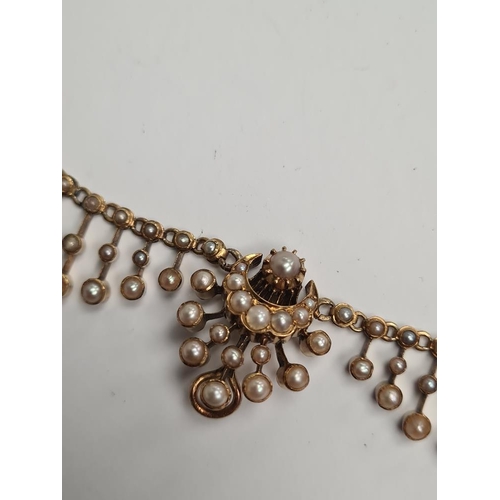Victorian 15ct yellow gold pearl Fringe necklace, with 3 claw set ...