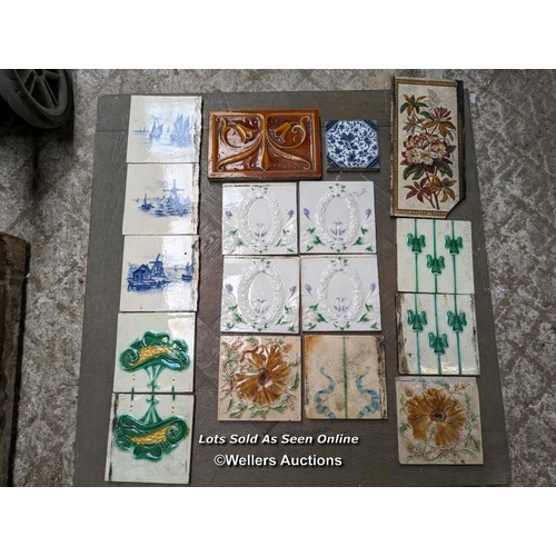 17 mixed tiles including Delpht dutch style tiles, art nouveau and two ...