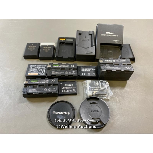 ASSORTMENT OF CAMERA ITEMS INCL. X3 BATTERY CHARGER, X2 CAMERA LENS ...