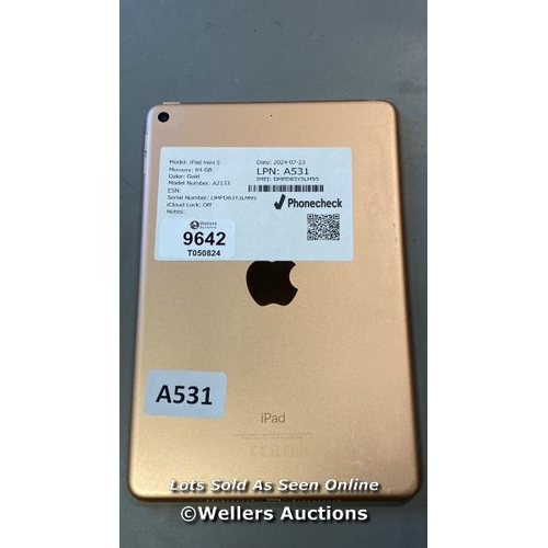APPLE IPAD MINI 5 64GB MODEL A2133 ICLOUD LOCK: UNLOCKED IMEI:DMPD83Y3LM95