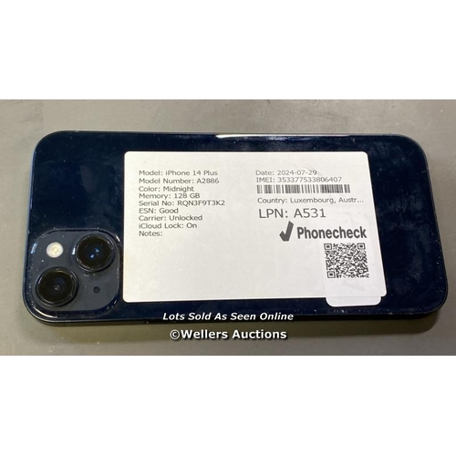 IPHONE 14 PLUS MODEL A2886 128GB CARRIER: UNLOCKED ICLOUD LOCK: ON IMEI ...