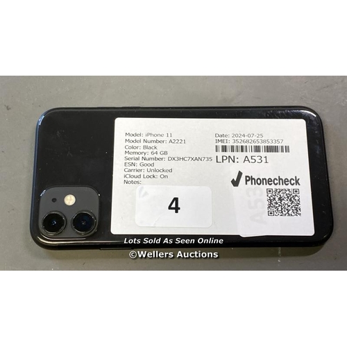 IPHONE 11 MODEL A2221 64GB CARRIER: UNLOCKED / ICLOUD LOCK: ON, IMEI ...