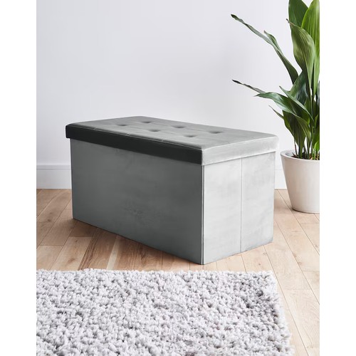 GREY VELVET STORAGE OTTOMAN - GREY / RRP: 32 / APPEARS TO BE NEW, OPEN BOX