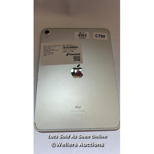 IPAD 10.2" (10TH GEN) / MODEL NO: A2757 / SILVER / 256GB / SERIAL NO ...