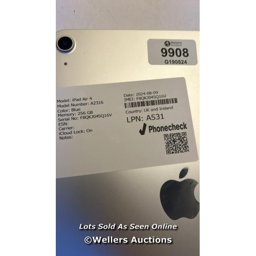IPAD AIR 4 / MODEL NO: A2316 / SILVR / 256GB / SERIAL NO: F8QKJ045Q16V ...