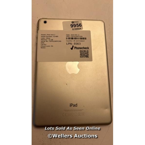 IPAD MINI 2 / MODEL NO: A1489 / SILVER / 32GB / SERIAL NO: F9FPG2NFFCM9 ...