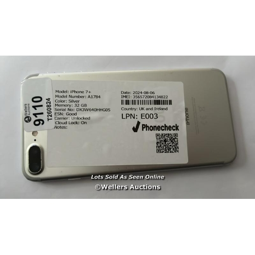 APPLE IPHONE 7+ / MODEL NO: A1784 / SILVER / 32GB / SERIAL NO ...