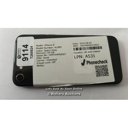 APPLE IPHONE 8 / MODEL NO: A1905 / SPACE GREY / 64GB / SERIAL NO ...