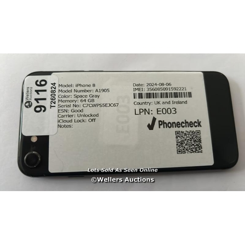APPLE IPHONE 8 / MODEL NO: A1905 / SPACE GREY / 64GB / SERIAL NO ...