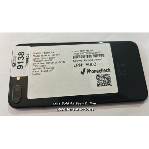 APPLE IPHONE 8+ / MODEL NO: A1897 / SPACE GREY / 64GB / SERIAL NO ...