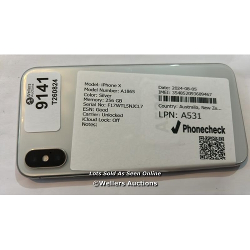 APPLE IPHONE X / MODEL NO: A1865 / SILVER / 256GB / SERIAL NO ...