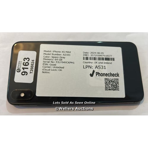 APPLE IPHONE XS MAX / MODEL NO: A2101 / SPACE GREY / 64GB / SERIAL NO ...