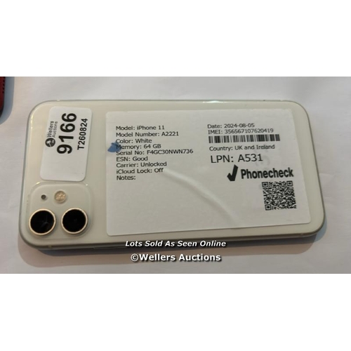 APPLE IPHONE 11 / MODEL NO: A2221 / WHITE / 64GB / SERIAL NO ...