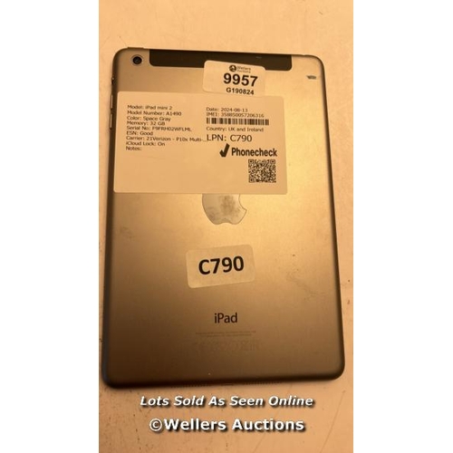 IPAD MINI 2 / MODEL NO: A1490 / SPACE GREY / 32GB / SERIAL NO ...