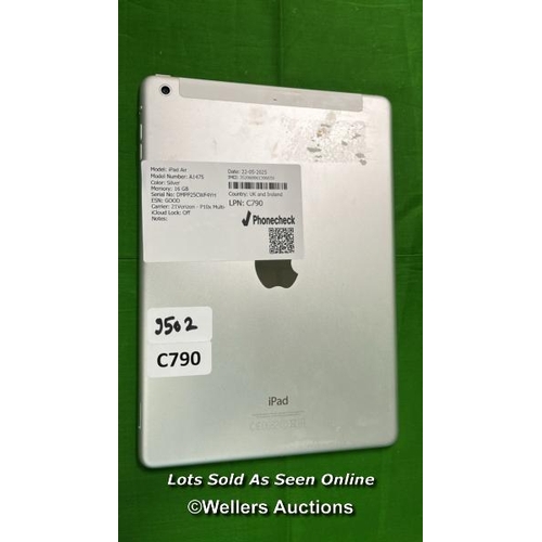 APPLE IPAD AIR/ A1475/ SILVER/16GB/ IMEI-352060061396659(I-CLOUD UNLOCKED)