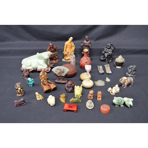 Quantity of small carved stone items etc to include: Cinnabar vase ...