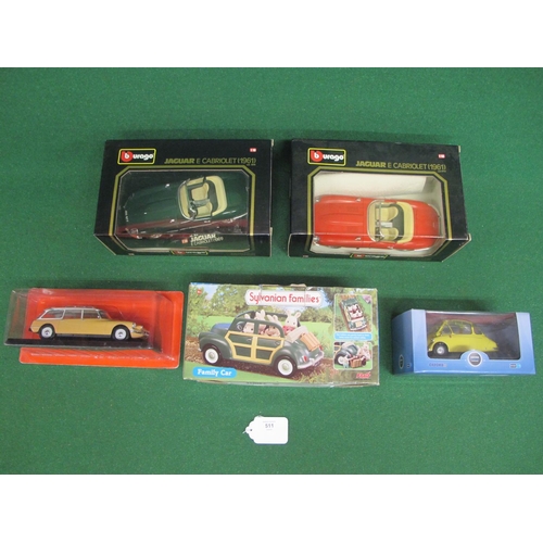 Five boxed larger scale model cars to comprise: two Burago Jaguar E ...