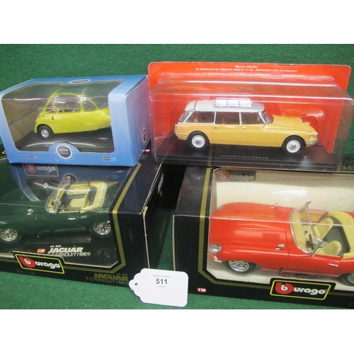 Five boxed larger scale model cars to comprise: two Burago Jaguar E ...