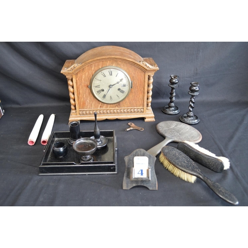 Box of sundry items to include: oak mantle clock, pair of wood faux ...
