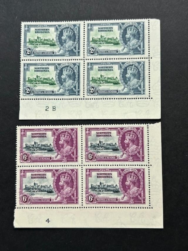 Northern Rhodesia 1935 Jubilee 2d & 6d corner Plate blocks SG19 & 21 M (8) (S)
