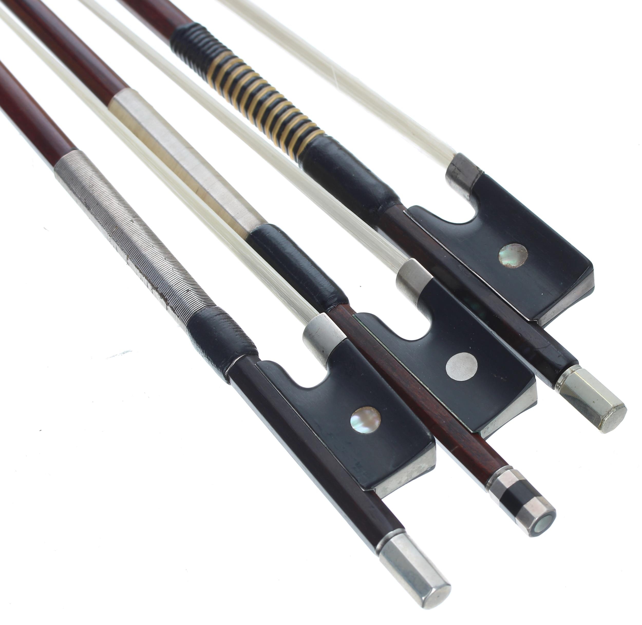Three old unstamped nickel mounted violin bows (3)