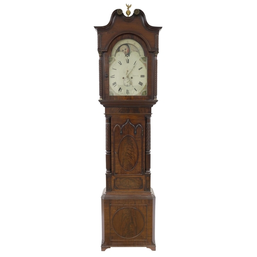Large mahogany eight day longcase clock, the 15" painted arched dial ...