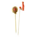 Victorian yellow metal coral set stick pin, 2.3gm; with a yellow metal ...