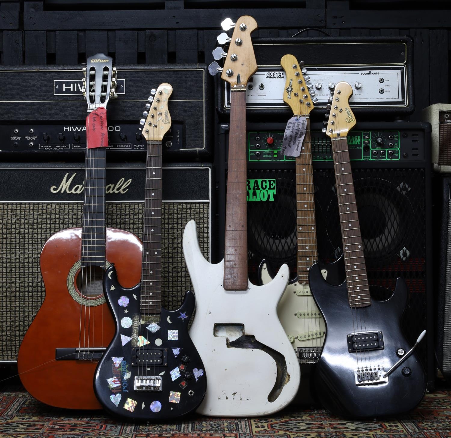 Five various guitars to include two by Encore, a left-handed Gear4Music ...