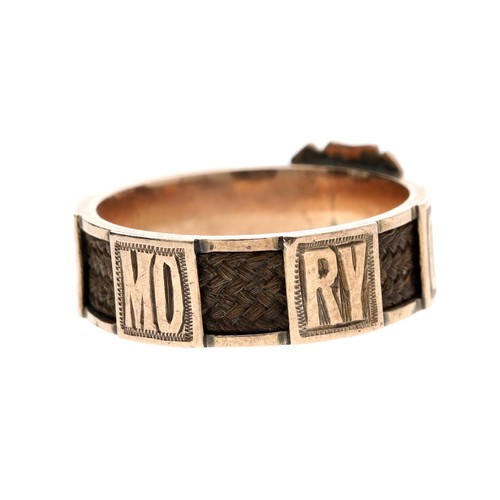 Victorian 9ct mourning band ring, inset with hairwork panels and ...