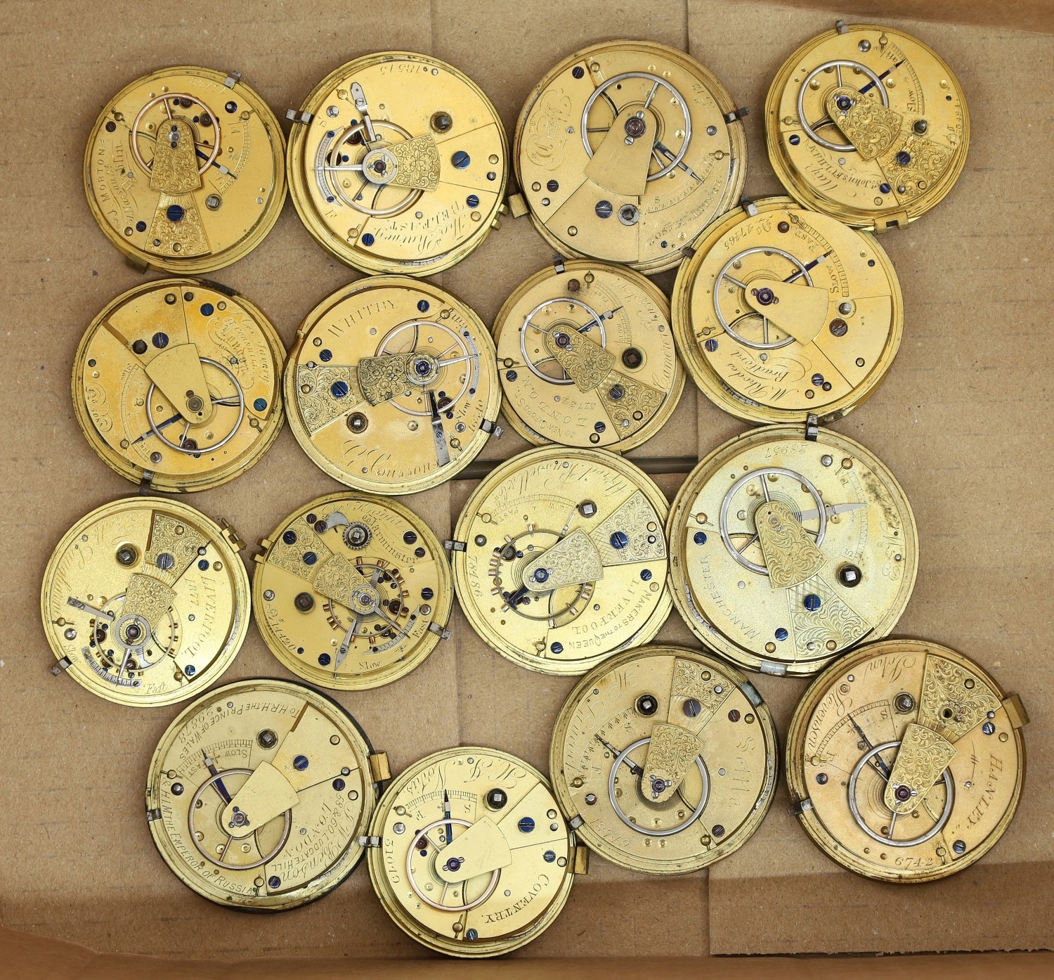 Quantity of signed fusee lever pocket watch movements with dust covers ...
