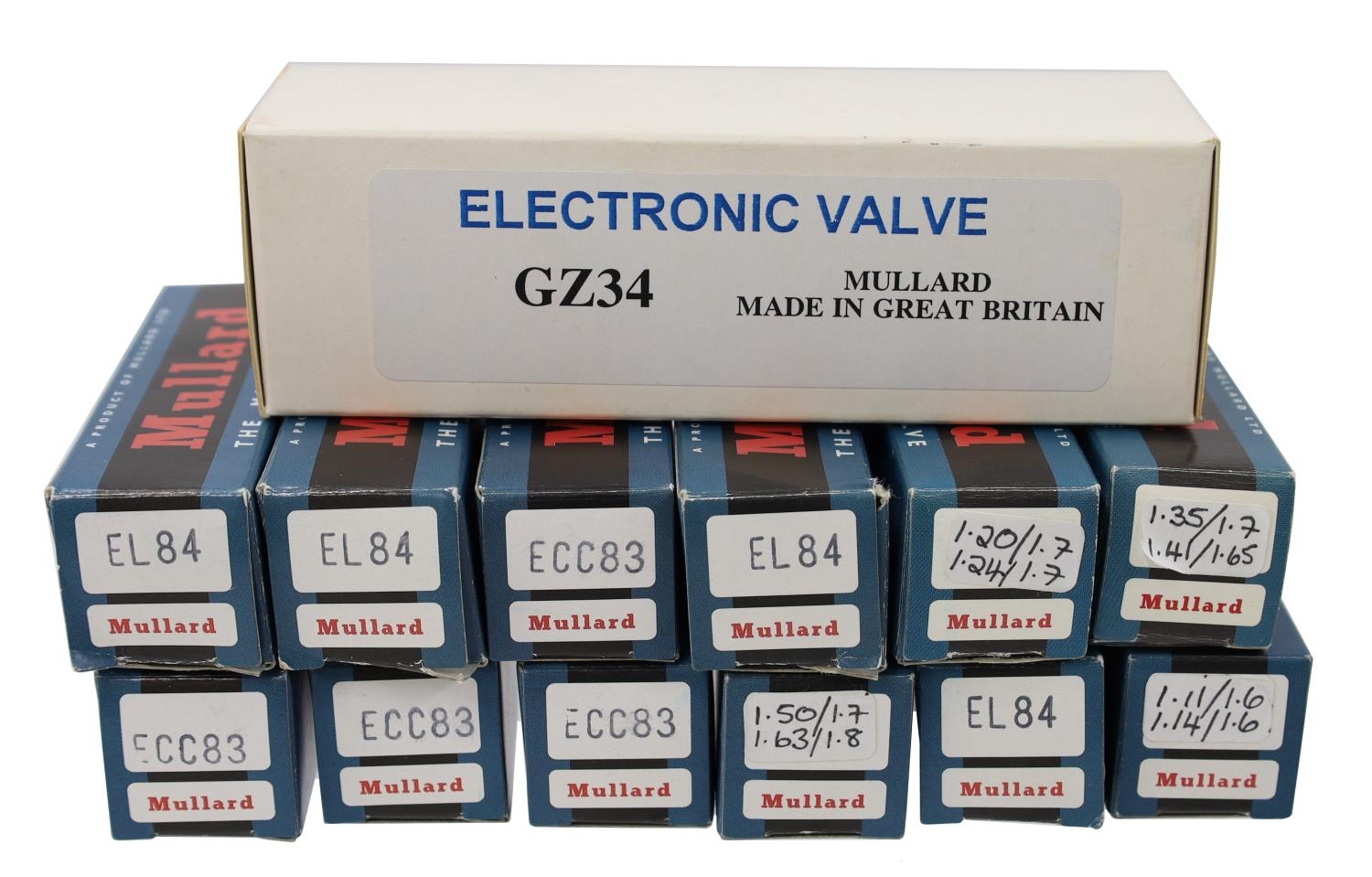 Mullard amplifier valves to include eight ECC83, four EL84 and one GZ34