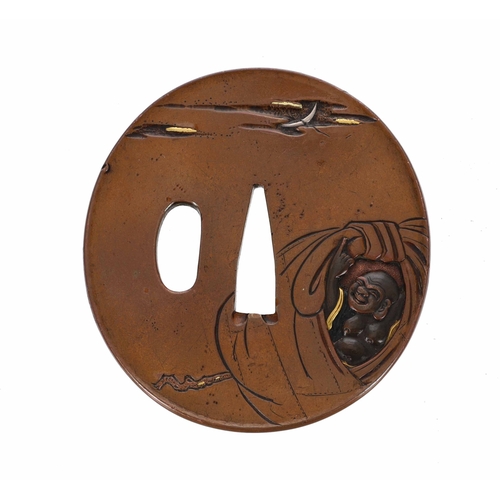 Japanese patinated copper and shakudo Tsuba, depicting Hotei looking ...