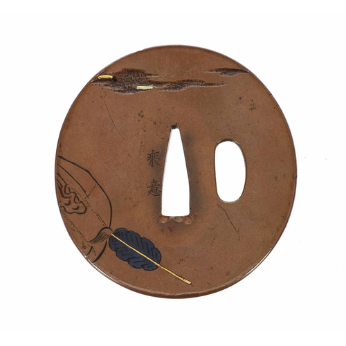 Japanese patinated copper and shakudo Tsuba, depicting Hotei looking ...