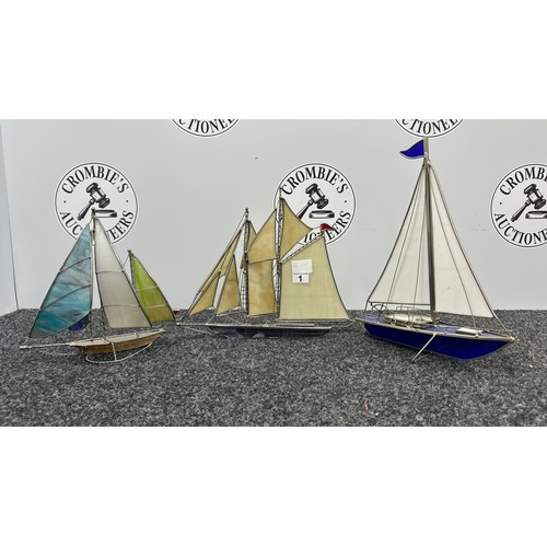 3 Decorative Model of Sailboats With Stained Glass Sails