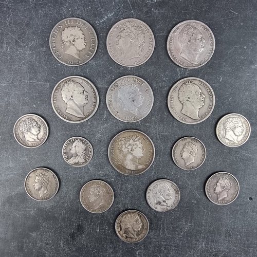 Coins: UK, sixteen Georgian and later silver coins, to include: a ...